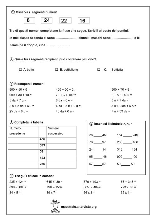 Matematica classe seconda schede didattiche miste